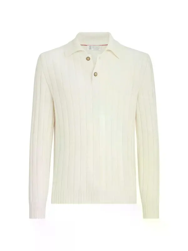 Brunello Cucinelli Cashmere Ribbed Knit Long Sleeve Polo Shirt - Neutrals