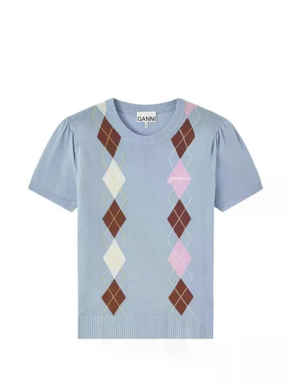 GANNI Argyle Pattern Puff Sleeve T-shirt - Blue
