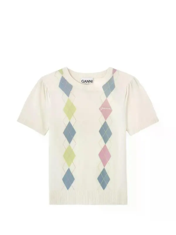 GANNI Argyle Pattern Puff Sleeve T-shirt - White