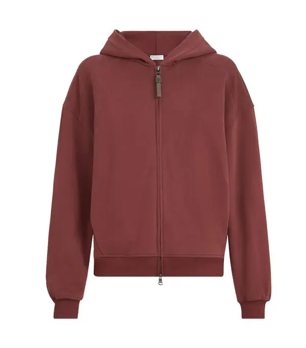 Brunello Cucinelli French Terry Full Zip Hoodie With Monili Beading - Red