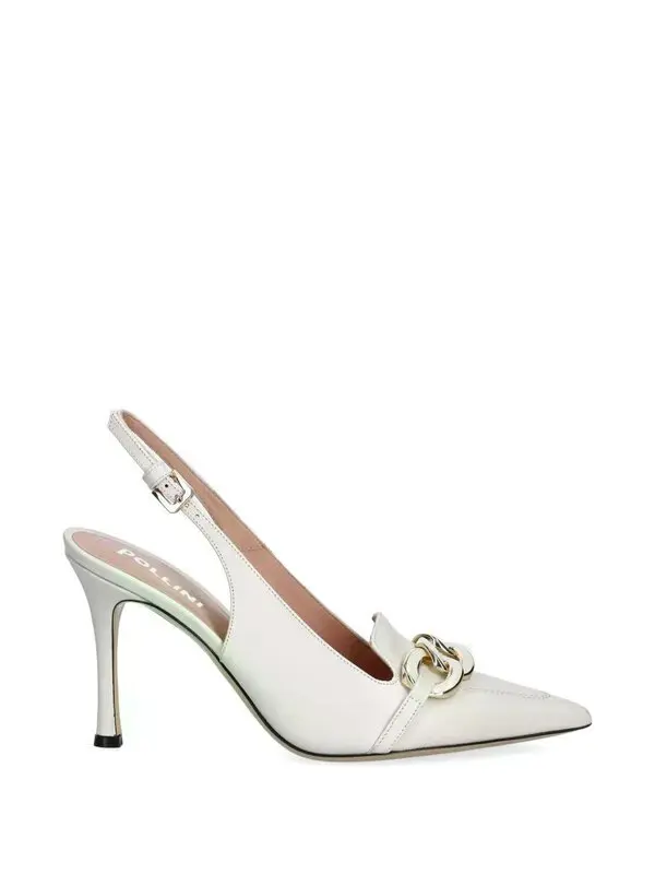 POLLINI White Leather Pointed Toe Chain-link Slingback Pumps