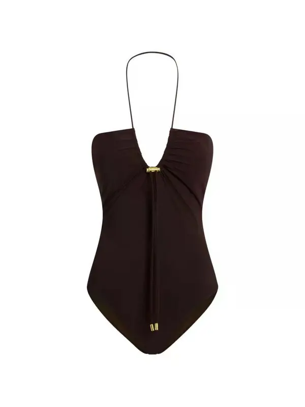 Moschino Halterneck Ruched One-piece Swimsuit With Gold-tone Hardware - Brown