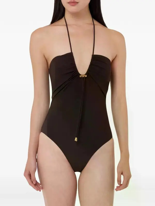 Moschino Halterneck Ruched One-piece Swimsuit With Gold-tone Hardware