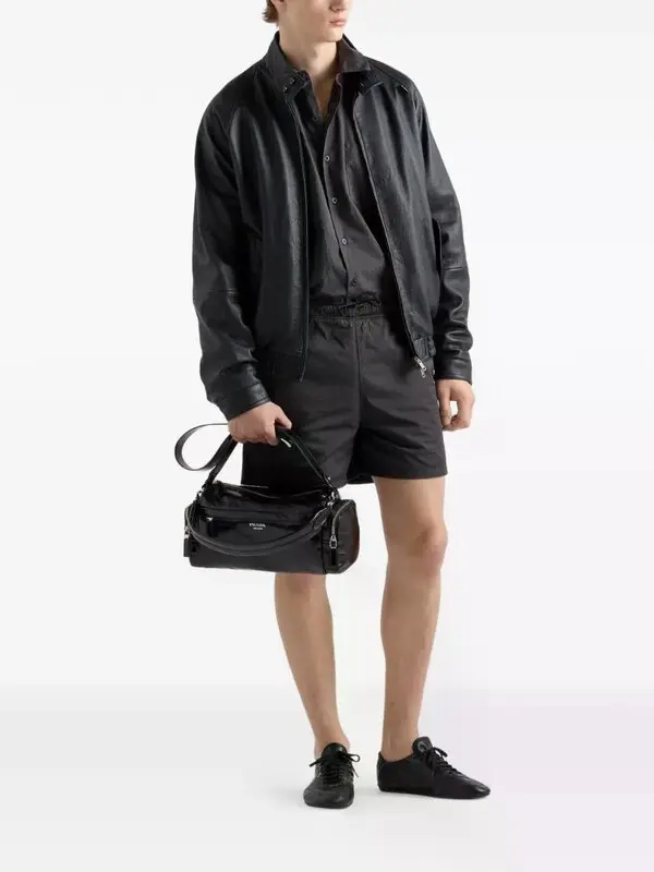Prada Leather Shoulder Bag With Zipper Pockets - Black