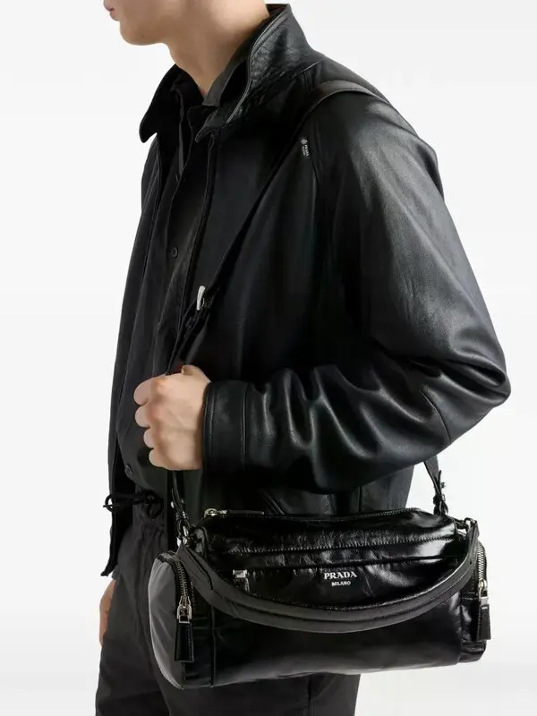 Prada Leather Shoulder Bag With Zipper Pockets - Black