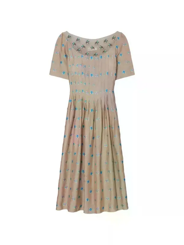 Tory Burch Embroidered Jacquard Midi Dress With Fil Coupé Roses - Neutrals