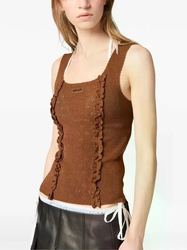 Miu Miu Cashmere And Silk Knit Top With Crochet Details - Brown