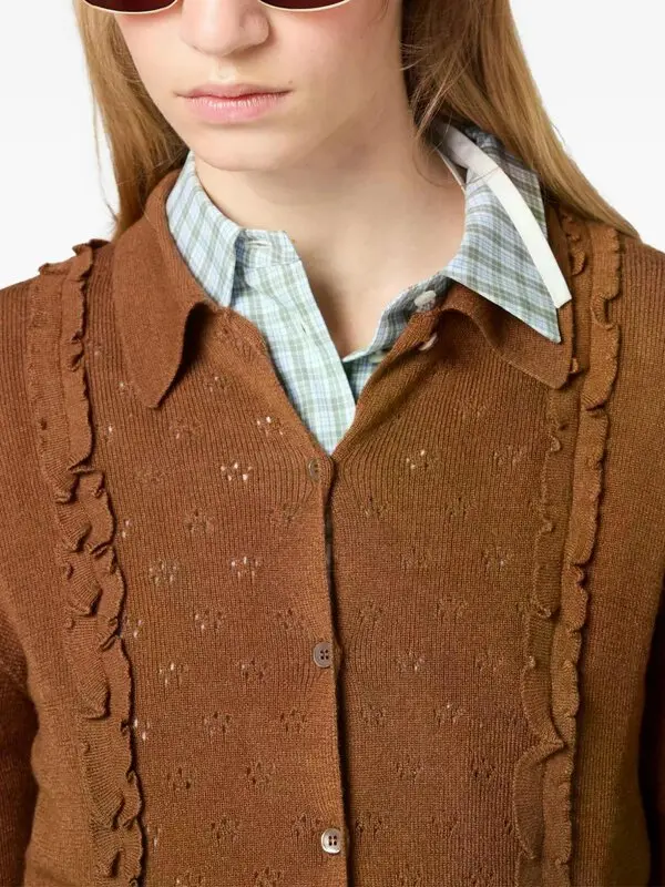 Miu Miu Cashmere And Silk Cardigan With Ruffle Detail - Brown