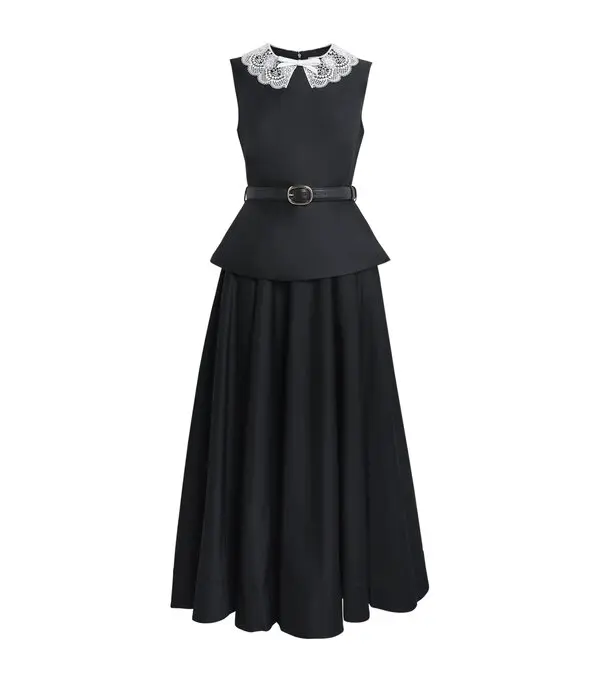 SELF-PORTRAIT Taffeta Midi Dress With Lace Trim - Black