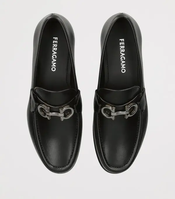FERRAGAMO Leather Loafers With Gancini Hardware - Black