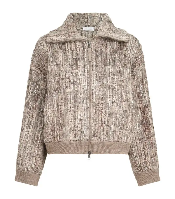 Brunello Cucinelli Mohair-blend Embroidered Zip-up Cardigan - Beige