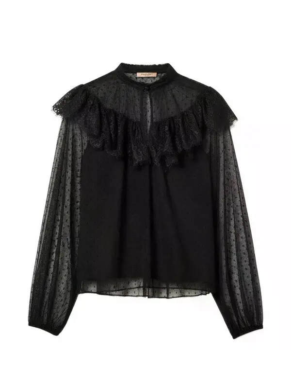 TWINSET Lace Trim Ruffled Blouse - Black