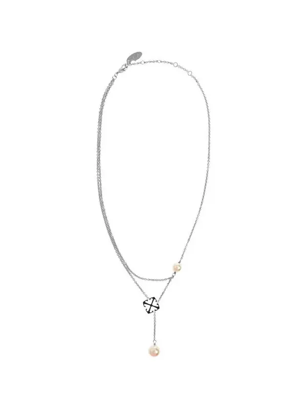 Off-White Double-layered Faux-pearl Necklace With Arrows Pendant - Silver