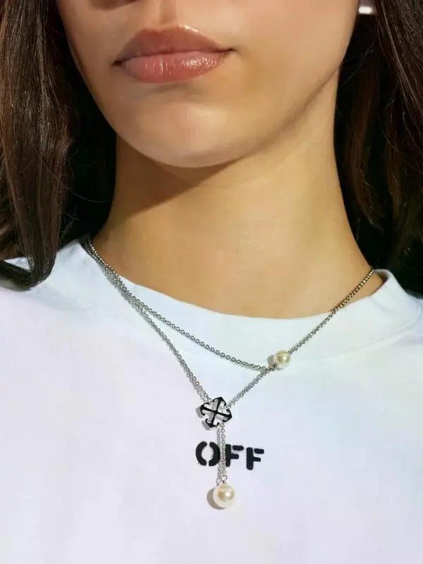 Off-White Double-layered Faux-pearl Necklace With Arrows Pendant