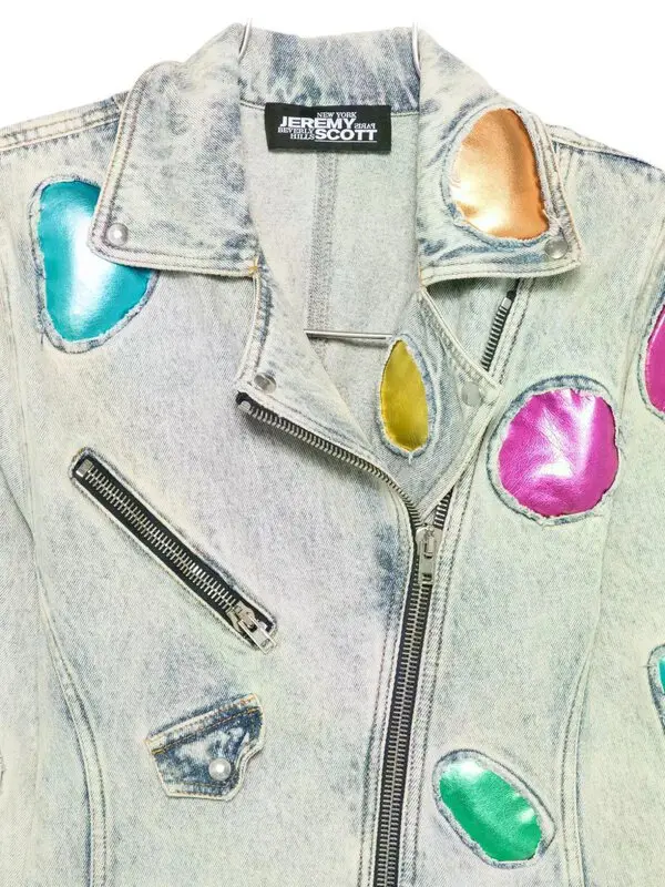 Jeremy Scott Metallic-appliqué Acid Wash Denim Coat - Blue