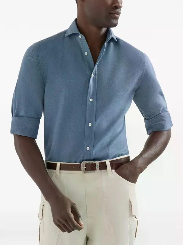 Brunello Cucinelli Cotton And Cashmere Denim-effect Diagonal Shirt With Spread Collar