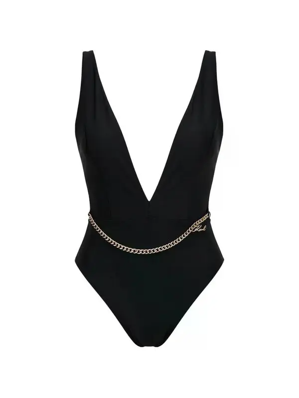 Karl Lagerfeld Plunge-neck Chain-belt Swimsuit - Black
