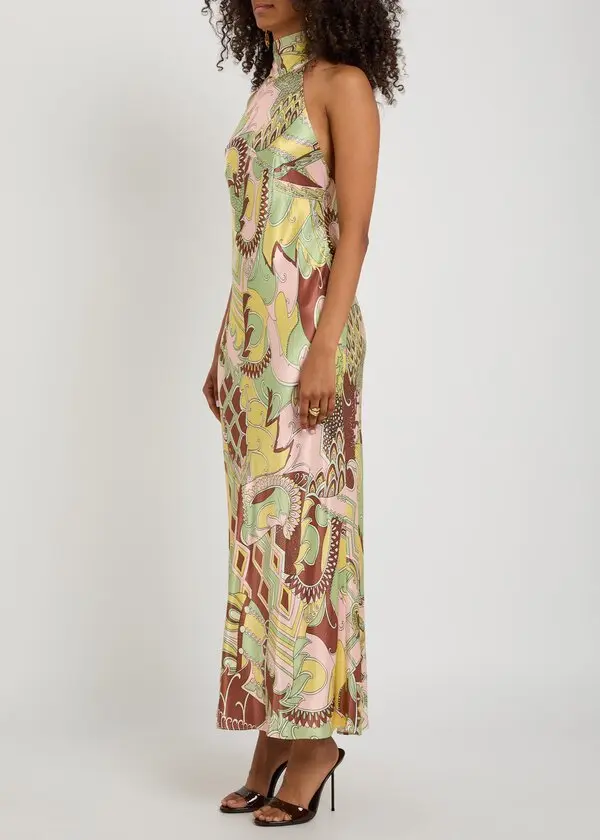 Rixo Maura Printed Satin Halterneck Midi Dress
