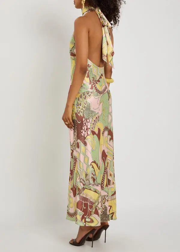 Rixo Maura Printed Satin Halterneck Midi Dress