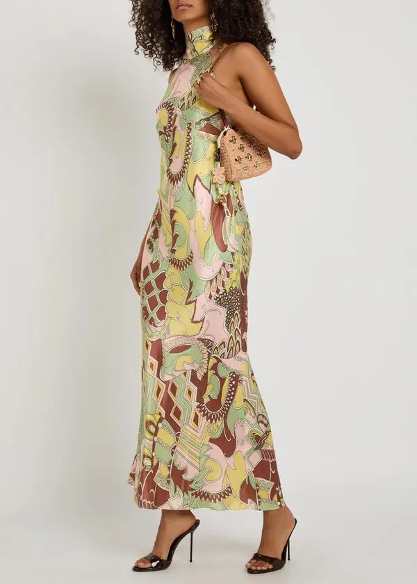 Rixo Maura Printed Satin Halterneck Midi Dress