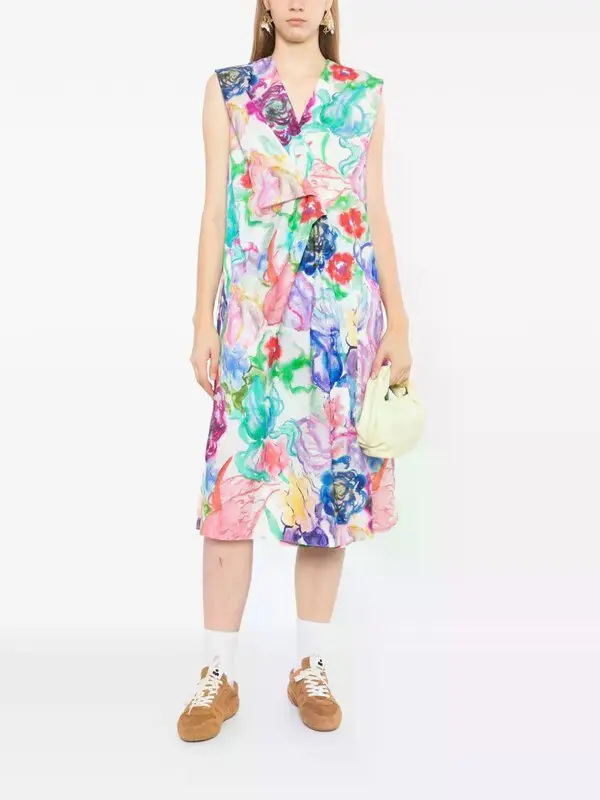 JNBY Floral Print V-neck Sleeveless Midi Dress - White
