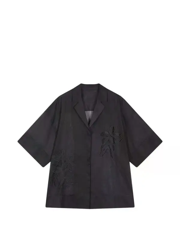 LESS Floral Appliqué Short Sleeve Shirt - Black