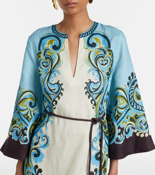 ALEMAIS Natalia Printed Linen Midi Dress - Blue