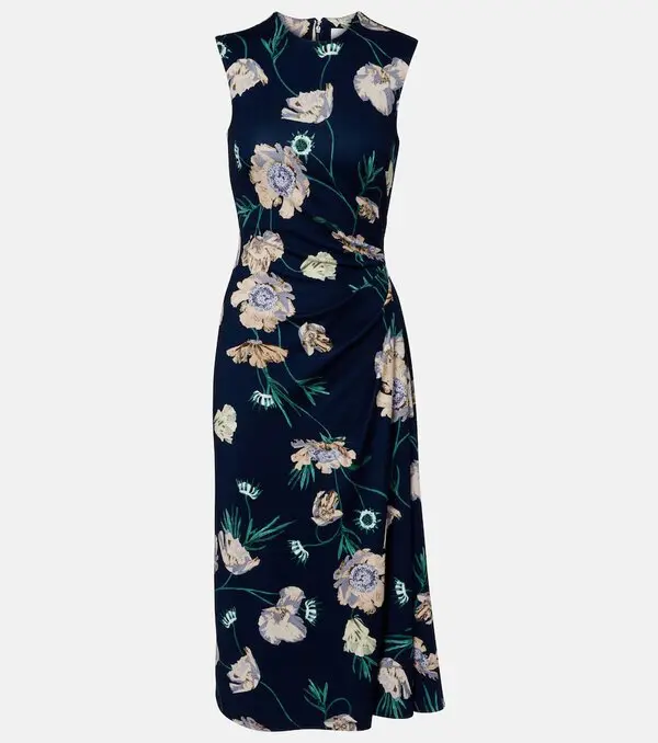 Erdem Draped Floral Jersey Midi Dress - Blue