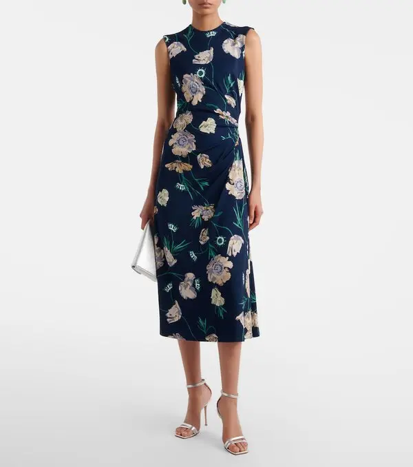 Erdem Draped Floral Jersey Midi Dress
