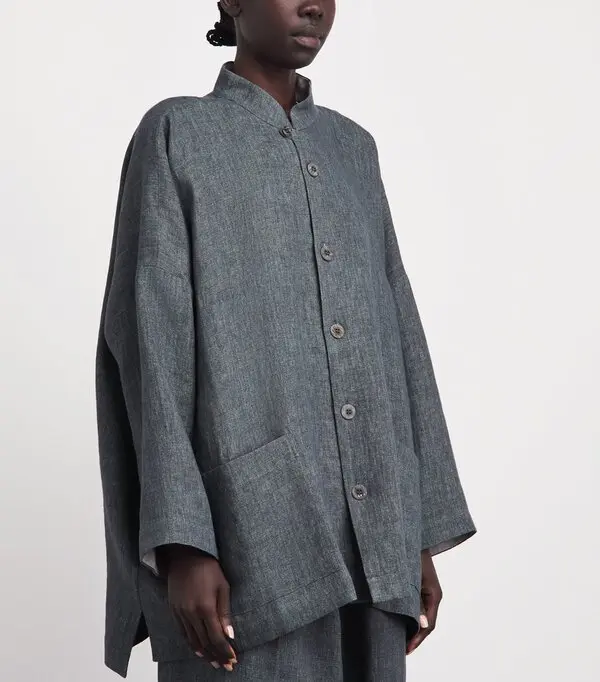 Eskandar Mandarin Collar Linen Wide Longline Jacket - Blue