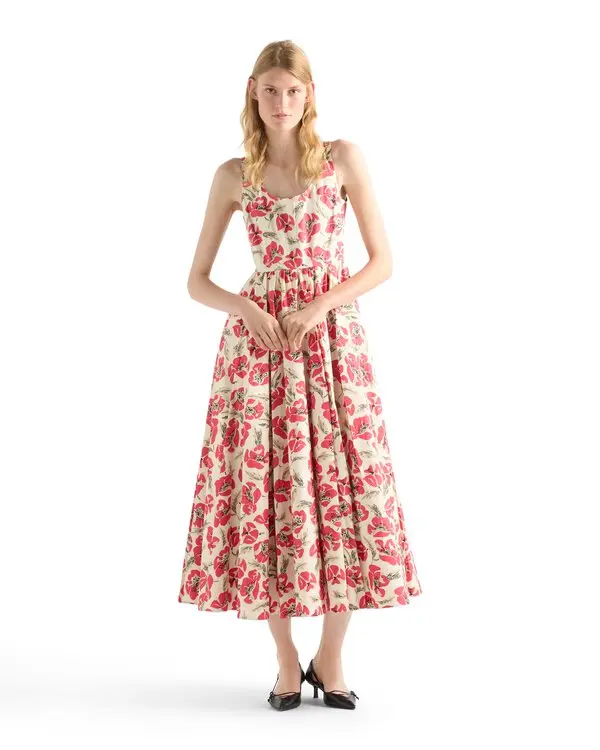 Prada Floral Print Poplin Dress - Red