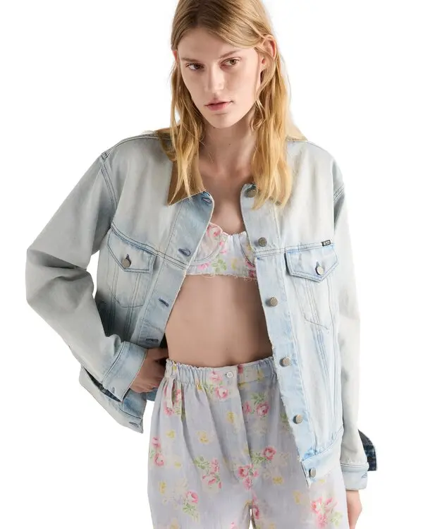 Prada Distressed Denim Blouson Jacket With Leather Collar