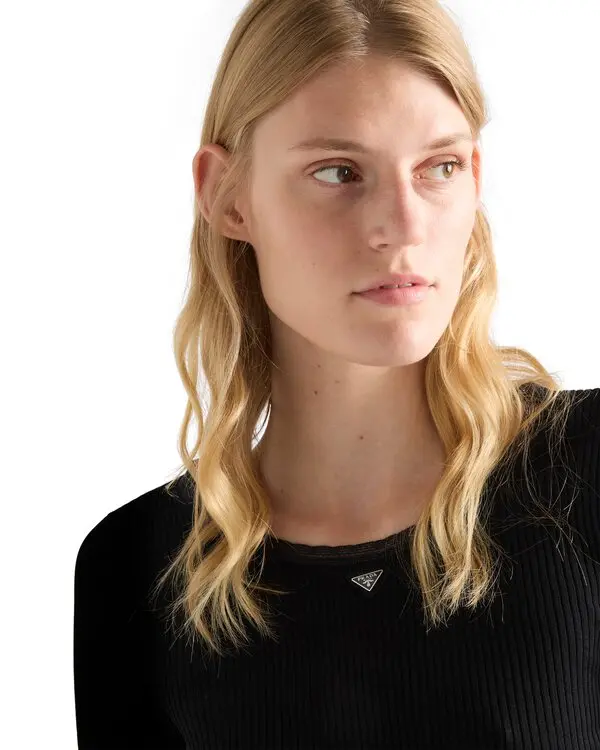 Prada Cropped Ribbed Cotton T-shirt With Lace Trim
