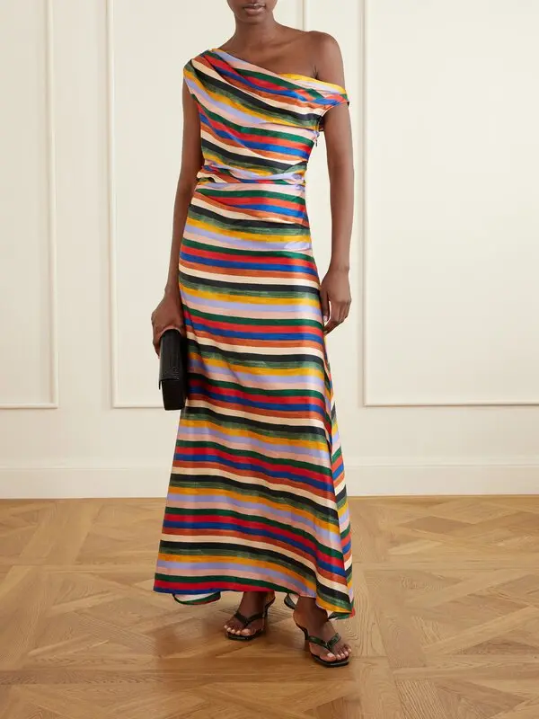 Staud Phare One-shoulder Draped Striped Silk-blend Satin Maxi Dress - Multi