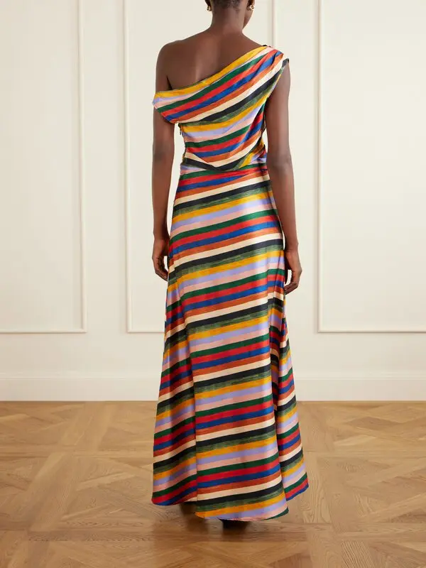 Staud Phare One-shoulder Draped Striped Silk-blend Satin Maxi Dress - Multi