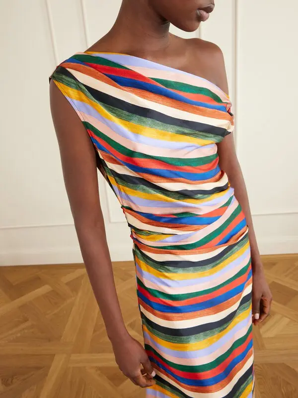 Staud Phare One-shoulder Draped Striped Silk-blend Satin Maxi Dress - Multi