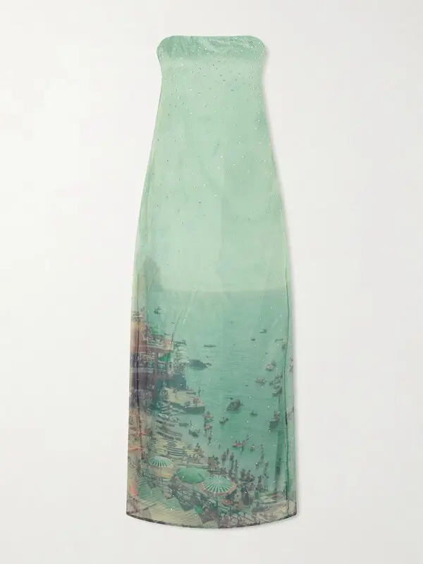 Staud Amara Strapless Printed Organza Maxi Dress With Crystals
