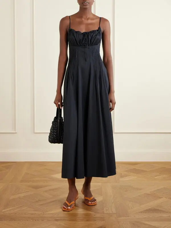 Staud Margi Ruffled Pleated Cotton-stretch Poplin Midi Dress - Black