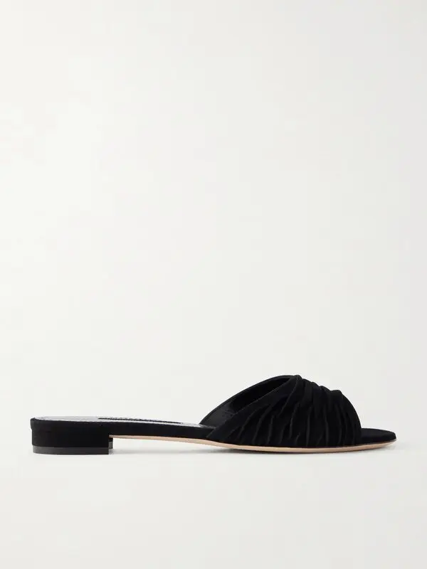 Manolo Blahnik Pirua Pleated Suede Sandals - Black