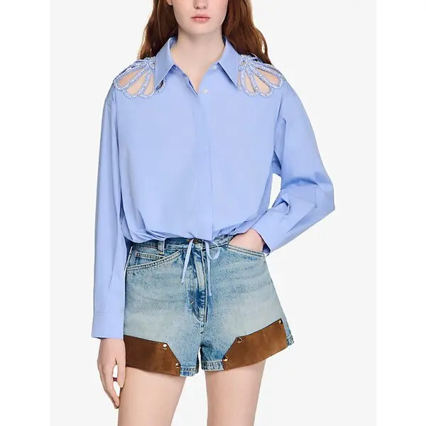 Sandro Relaxed-fit Embellished Cotton Shirt - Sky Blue