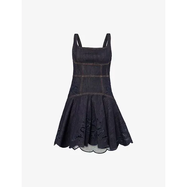SELF-PORTRAIT Denim Mini Dress With Embroidered Bows - Blue