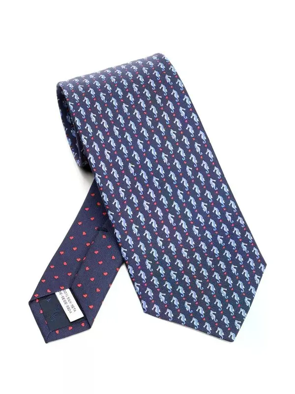 FERRAGAMO Silk Seahorse And Heart Print Neck Tie - Blue