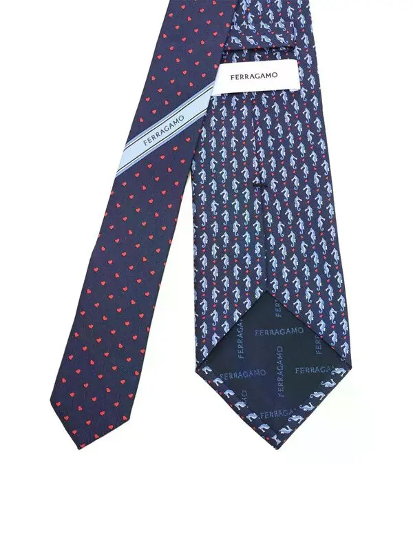 FERRAGAMO Silk Seahorse And Heart Print Neck Tie - Blue