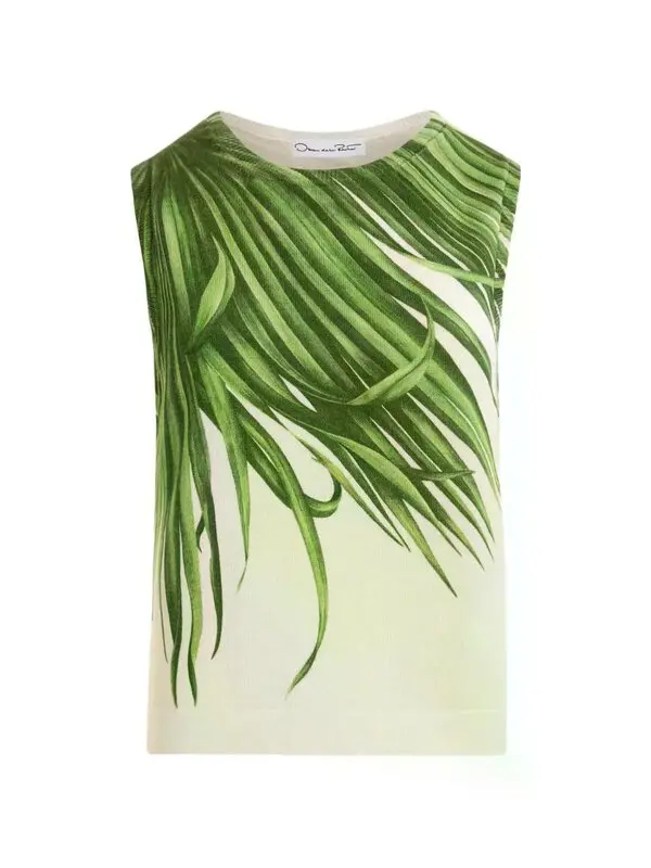 Oscar De La Renta Sleeveless Palm Leaf Print Knit Top - Green