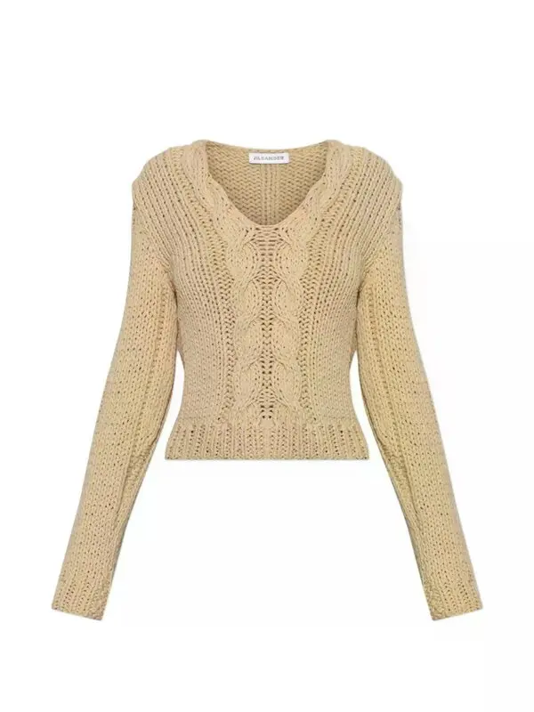 JIL SANDER Wool Cable Knit V-neck Sweater - Neutrals
