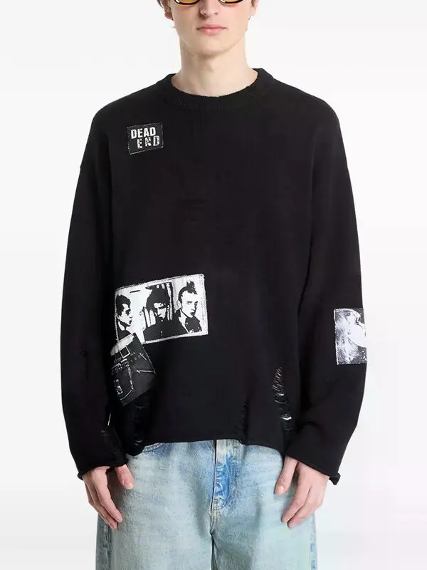 WASTED Graphic Patch Distressed Crew Neck Sweater