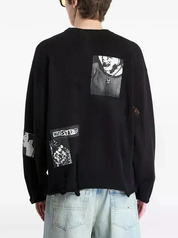 WASTED Graphic Patch Distressed Crew Neck Sweater