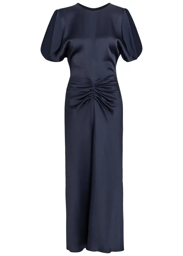 Victoria Beckham Gathered Satin-crepe Midi Dress - Navy