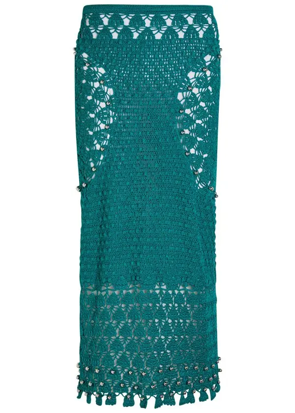 Rabanne Bead-embellished Crochet Cotton Midi Skirt - Green