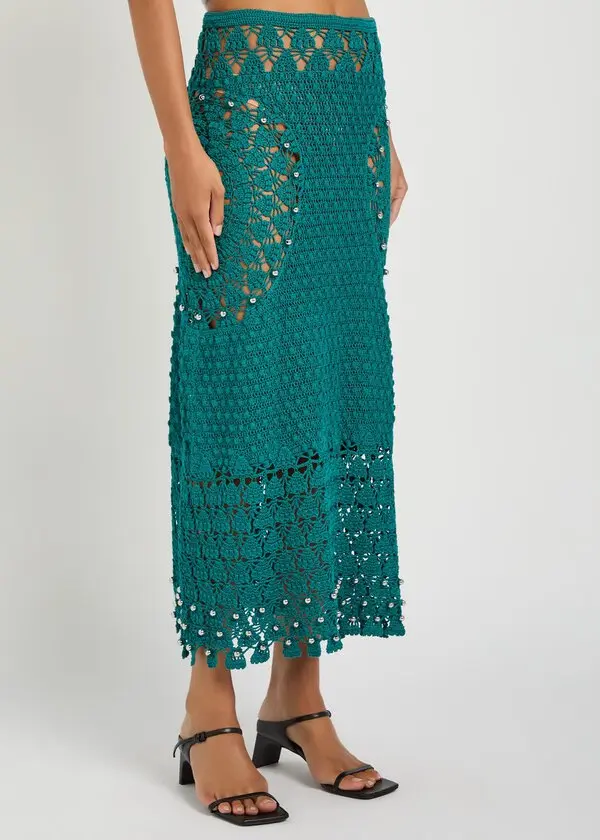 Rabanne Bead-embellished Crochet Cotton Midi Skirt - Green